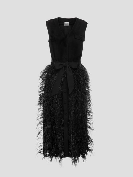 Elizabeth Feather Midi Dress in Black | Fivestory New York
